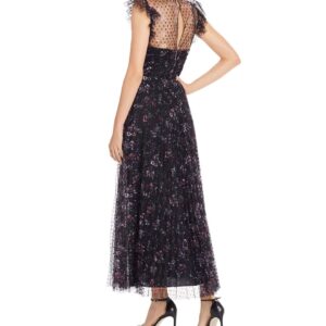 Jill Jill Stuart Women's Tea Length Flocked Tulle Rufffle Gown, Black Multi, 4