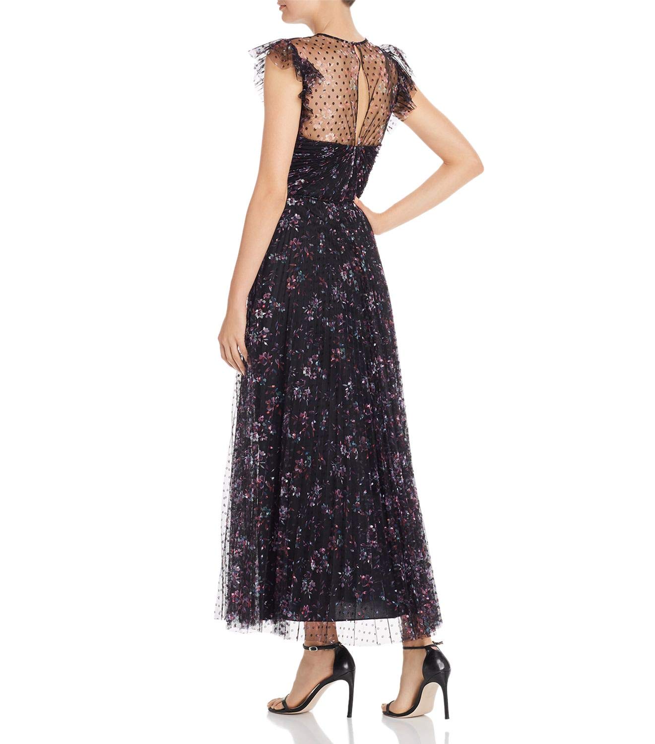 Jill Jill Stuart Women's Tea Length Flocked Tulle Rufffle Gown, Black Multi, 4