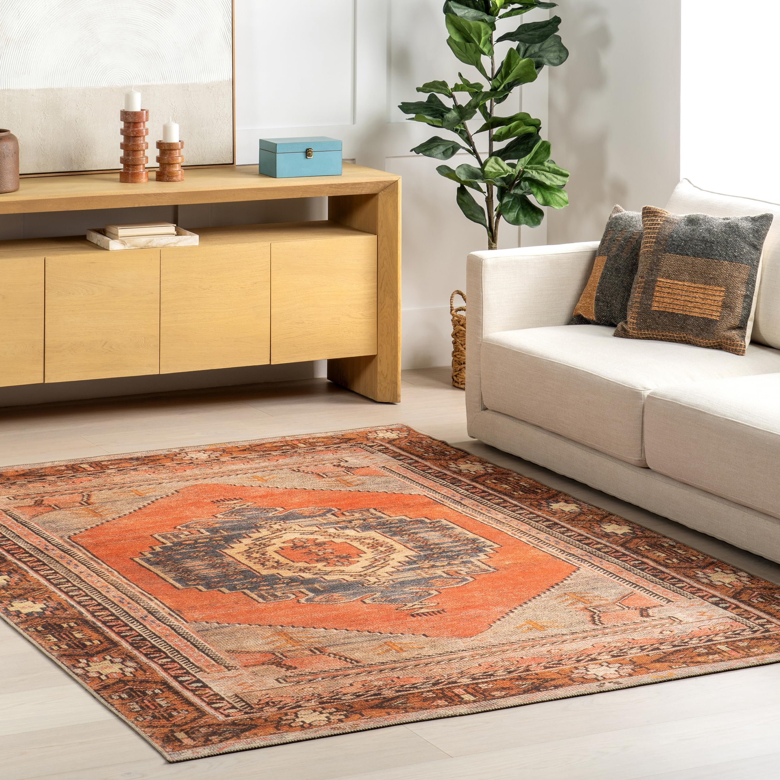 nuLOOM Kamila Medallion 8x10 Machine Washable Area Rug for Living Room Bedroom Dining Room Kitchen, Orange/Ivory