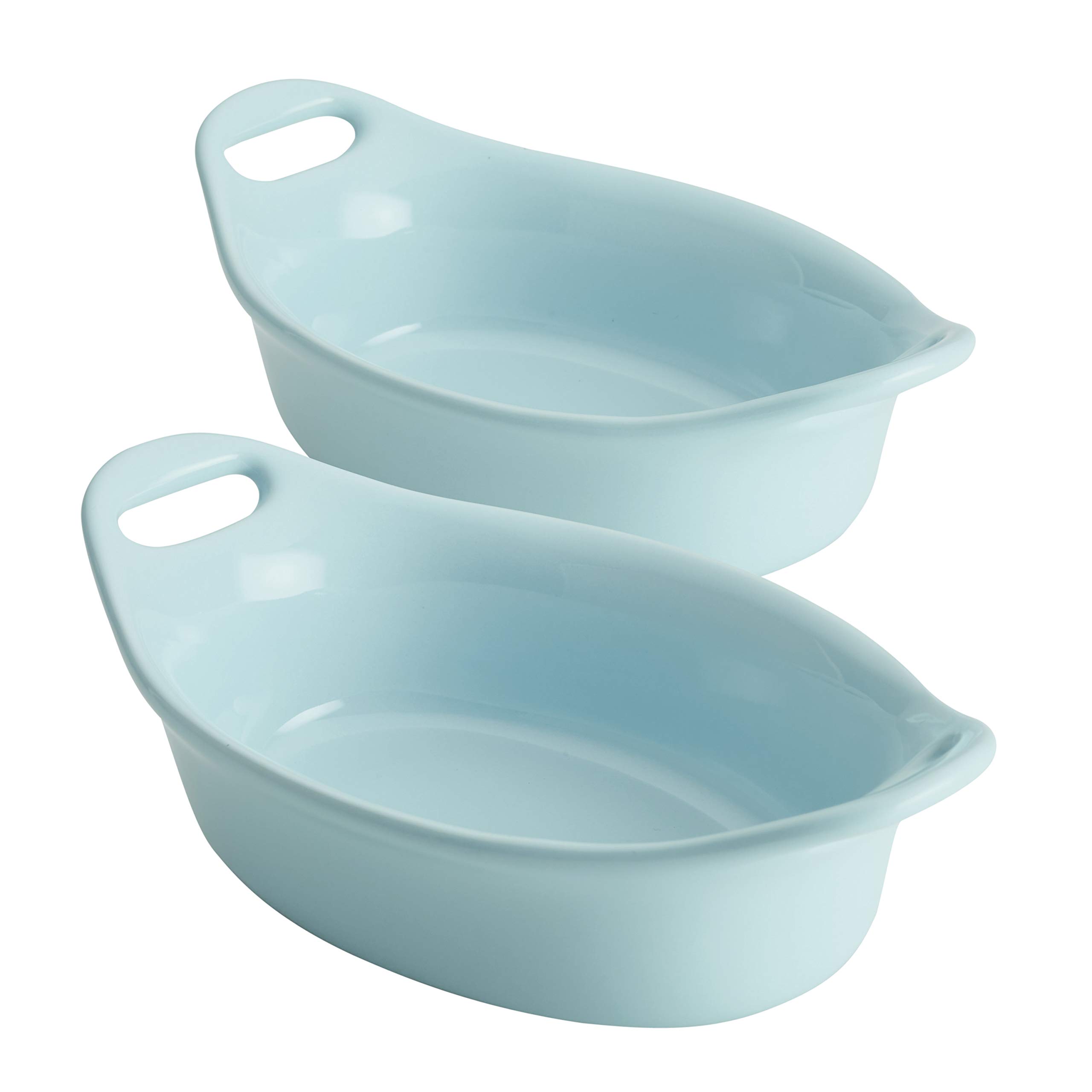 Rachael Ray Solid Glaze Ceramics Au Gratin Bakeware / Baker Set, Oval - 2 Piece, Light Blue