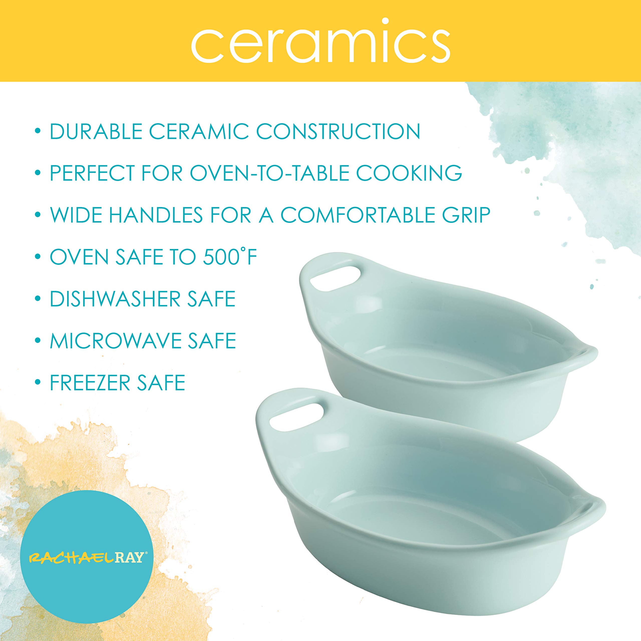 Rachael Ray Solid Glaze Ceramics Au Gratin Bakeware / Baker Set, Oval - 2 Piece, Light Blue