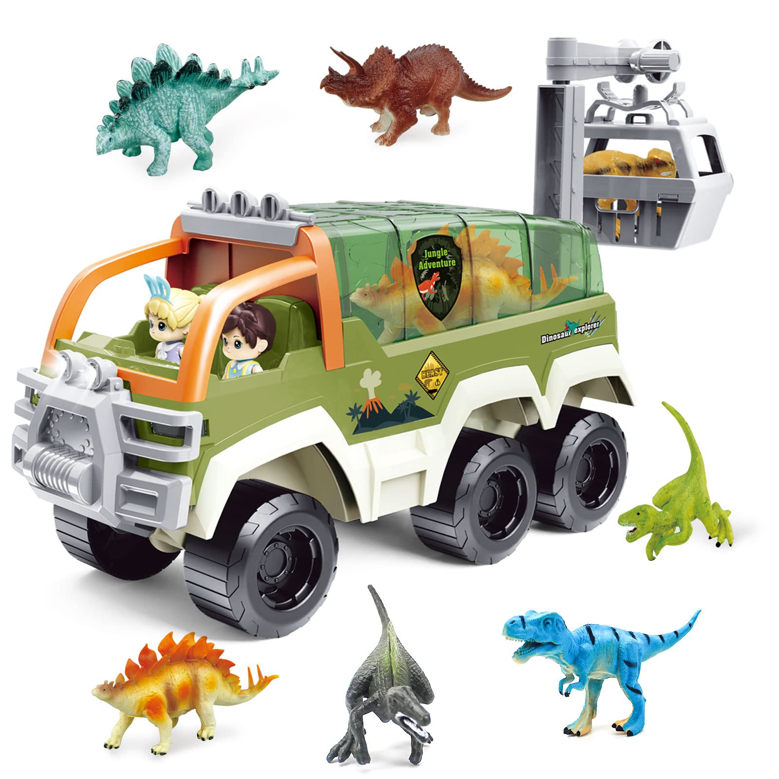 Happytime Dinosaur Transport Truck Toy Car Carrier Toy Vehicle Car Dinosaur Playset for 3,4,5,6 Year Toddlers Kids Boys with Sound & Light