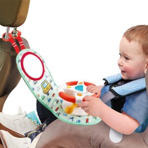 wishtime car seat play center toy - infant toy steering wheel for toddler stroller toy baby travel companion toy for rear car seat easier drive vehicle with music, light, mirror