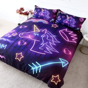 blessliving purple unicorn bedding girls neon unicorn bed set gold stars pink heart crown print unicorn bedspreads 3 piece cute unicorn duvet cover sets for kids teens boys (twin)