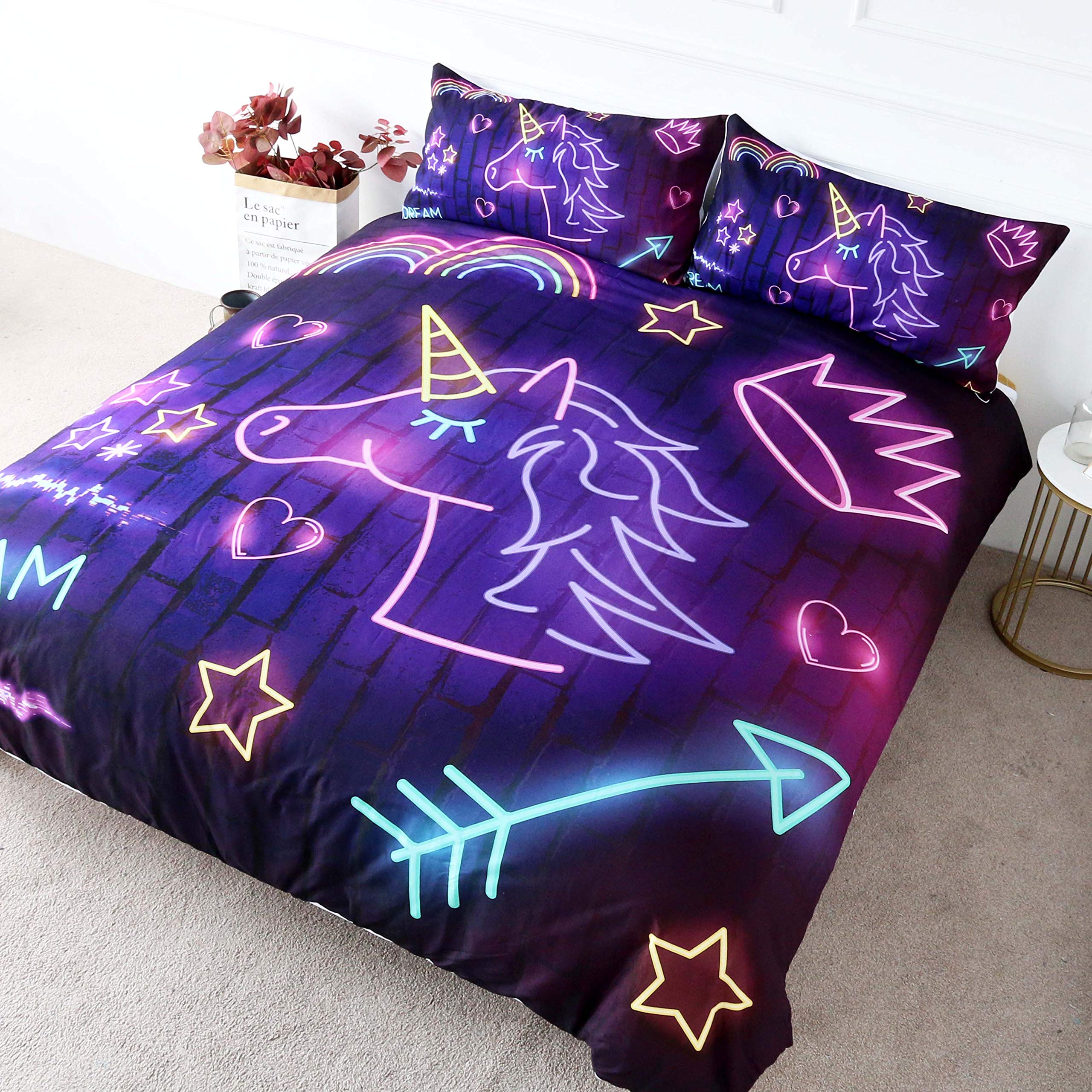 BlessLiving Purple Unicorn Bedding Girls Neon Unicorn Bed Set Gold Stars Pink Heart Crown Print Unicorn Bedspreads 3 Piece Cute Unicorn Duvet Cover Sets for Kids Teens Boys (Twin)