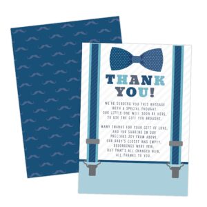 your main event prints little man boy baby shower thank you cards bow tie and mustaches 20 count including envelopes