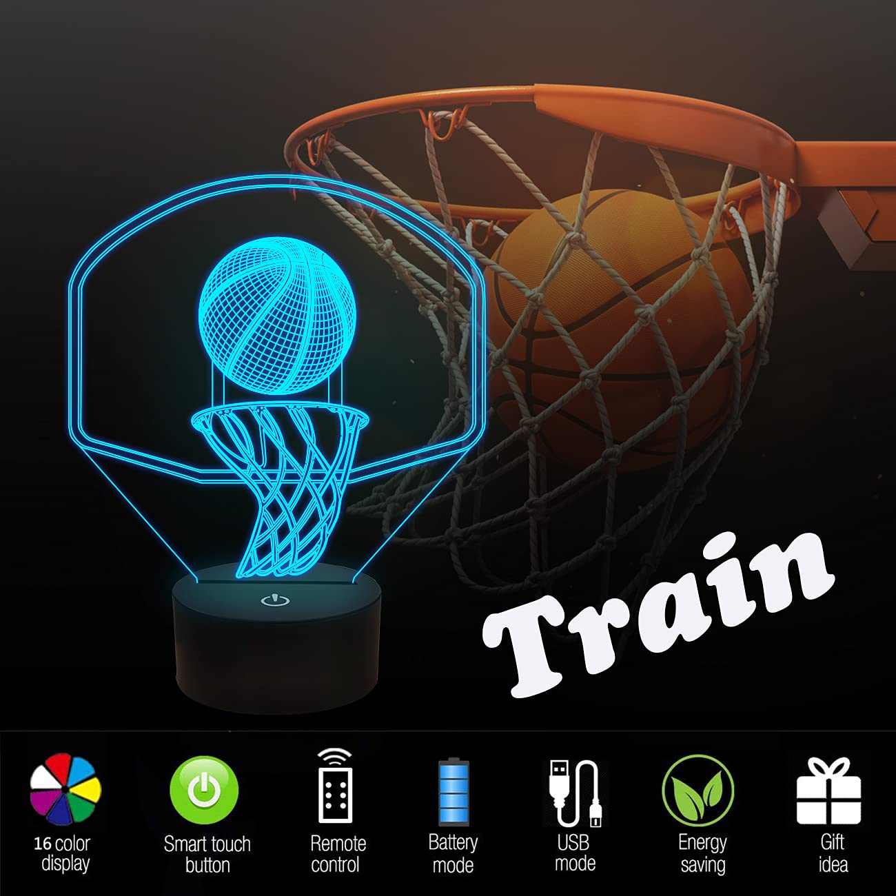 FULLOSUN 3D Basketball Night Light Backboard Illusion Hoop Lamp for Kids' Room Home Xmas Birthday Gifts for Boy Man Friends with 16 Color Changes Remote Control