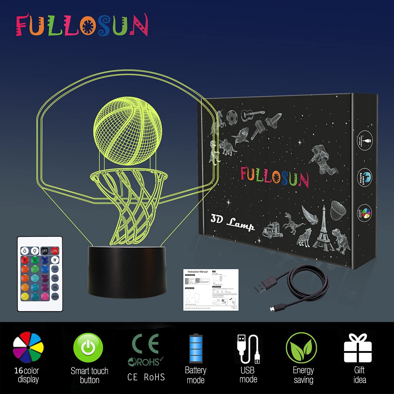 FULLOSUN 3D Basketball Night Light Backboard Illusion Hoop Lamp for Kids' Room Home Xmas Birthday Gifts for Boy Man Friends with 16 Color Changes Remote Control