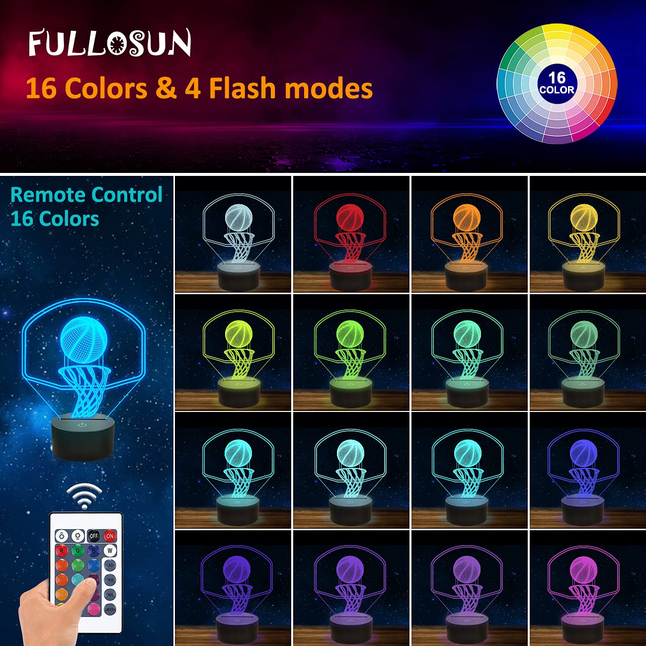 FULLOSUN 3D Basketball Night Light Backboard Illusion Hoop Lamp for Kids' Room Home Xmas Birthday Gifts for Boy Man Friends with 16 Color Changes Remote Control