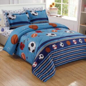 Chezmoi Collection 6-Piece Kids/Teens Mini Bed in a Bag - Soft Microfiber Navy Blue Black Orange Red White Basketball Football Soccer, Sports Comforter Set with Fitted Sheet Full Size