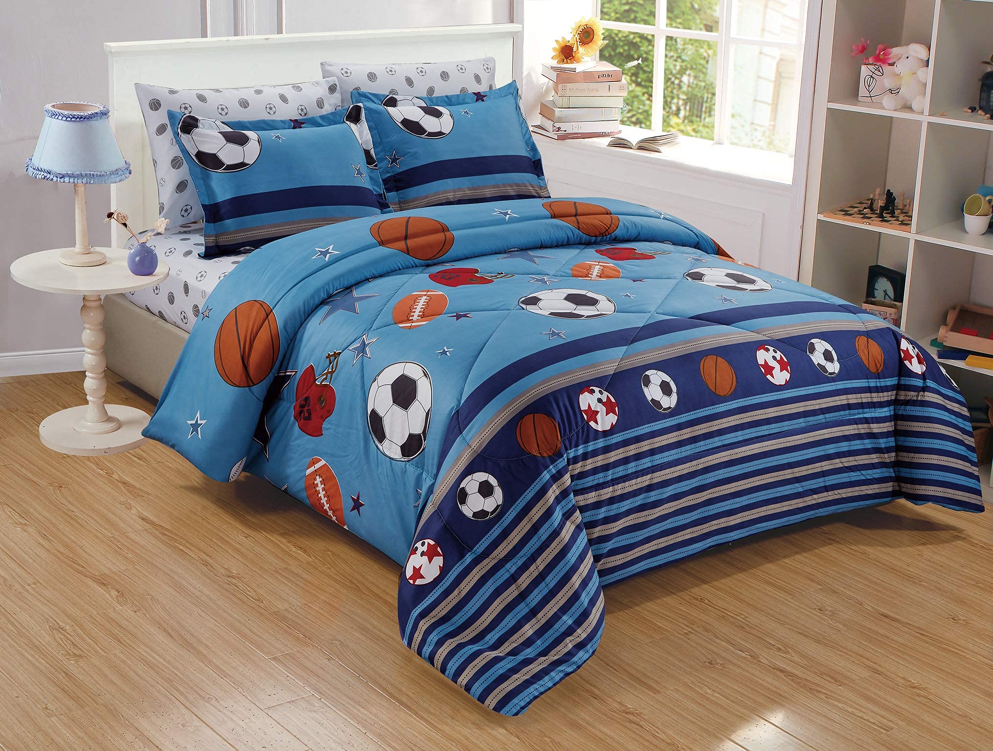 Chezmoi Collection 6-Piece Kids/Teens Mini Bed in a Bag - Soft Microfiber Navy Blue Black Orange Red White Basketball Football Soccer, Sports Comforter Set with Fitted Sheet Full Size