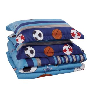 Chezmoi Collection 6-Piece Kids/Teens Mini Bed in a Bag - Soft Microfiber Navy Blue Black Orange Red White Basketball Football Soccer, Sports Comforter Set with Fitted Sheet Full Size