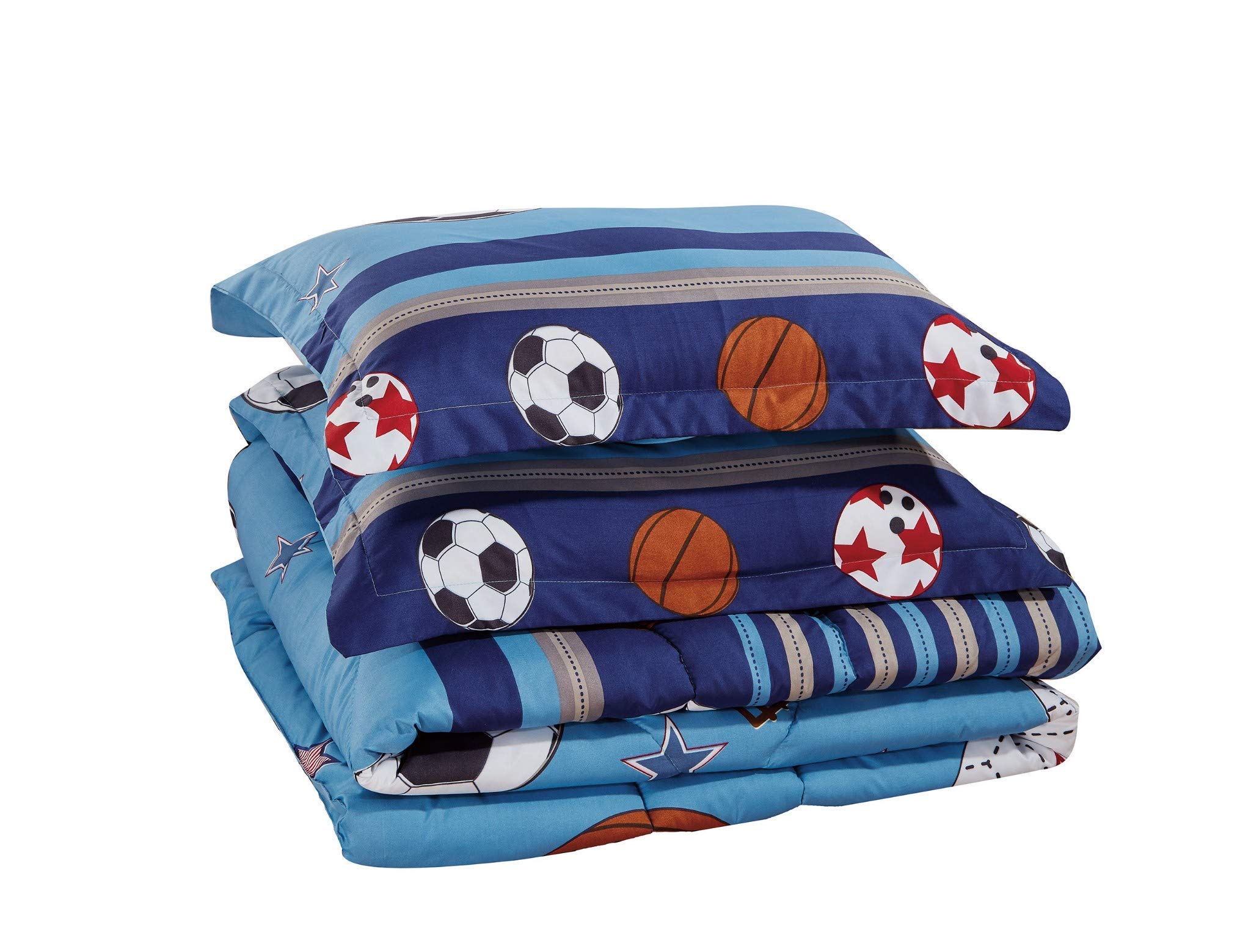 Chezmoi Collection 6-Piece Kids/Teens Mini Bed in a Bag - Soft Microfiber Navy Blue Black Orange Red White Basketball Football Soccer, Sports Comforter Set with Fitted Sheet Full Size