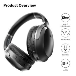 Avantree Aria Pro aptX-HD Bluetooth 5.0 Active Noise Cancelling Headphones with Boom Microphone for Music & Calls, SSD Option, Low Latency Over Ear Wireless & Wired Headset for Phone Computer Laptop