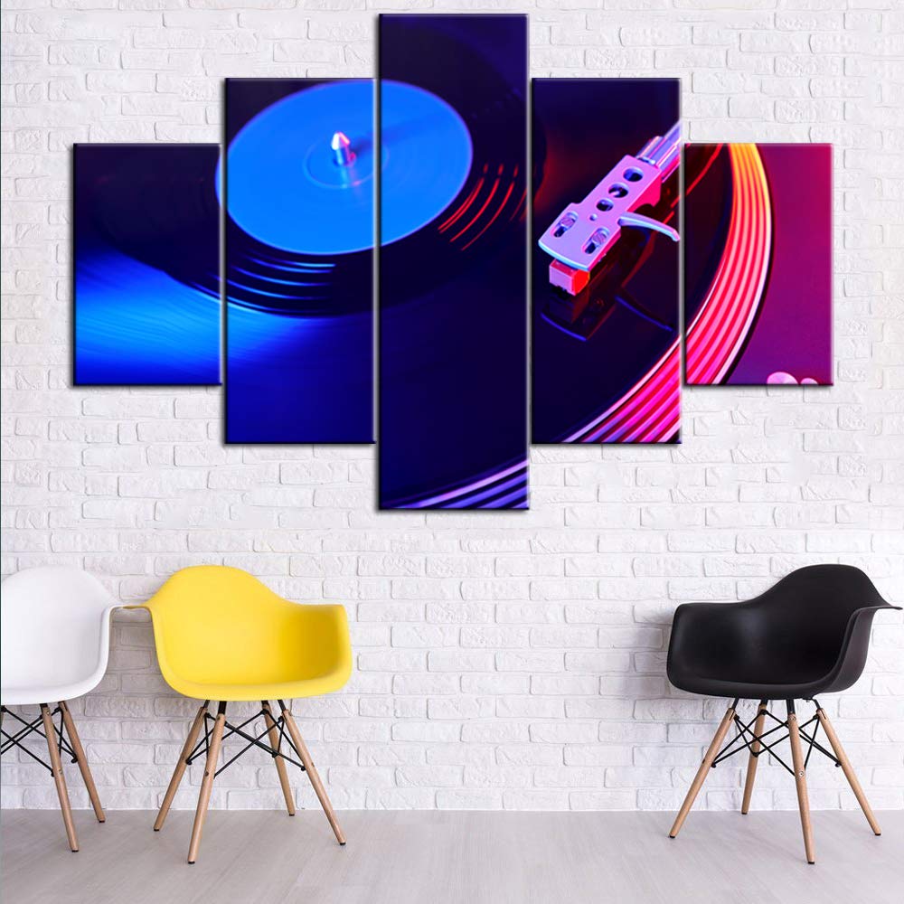 5 Panel Record In Blue And Buttons Of Studio Wall Art Painting Pictures Print On Canvas Sound Technology for DJ to Mix & Play Music The Picture For Home Modern Decoration Ready to Hang - 60"W x 40"H