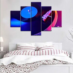 5 Panel Record In Blue And Buttons Of Studio Wall Art Painting Pictures Print On Canvas Sound Technology for DJ to Mix & Play Music The Picture For Home Modern Decoration Ready to Hang - 60"W x 40"H