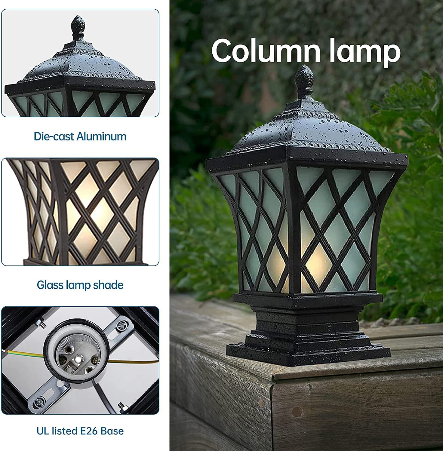 Moddeny IP54 Waterproof Outdoor Column Lights, Exterior Glass Aluminum Fence Pillar Light 18.9" Traditional Black E26 Post Lanterns Patio Villa Garden Park Balcony Gate Street Lighting