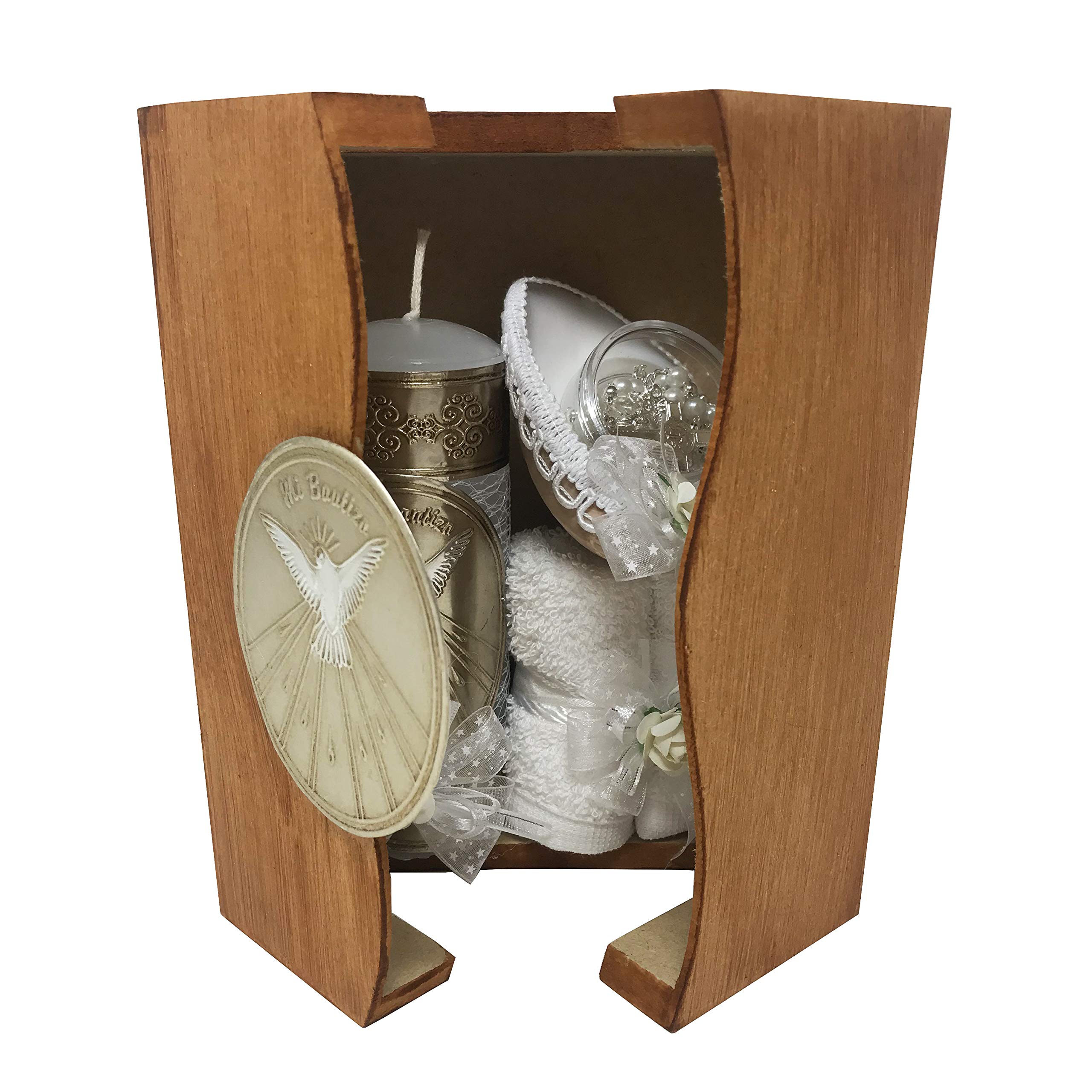 Baptism Candle Set in a Wooden Box with Towel, Catholic Baptism Kit,Candle, Rosary and Shell for Baby Boys and Girls. Handmade in Mexico Gift for Godparents. Holy Spirit Baptism Kit Kit de Bautizo.