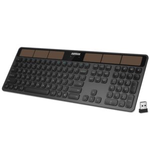 arteck wireless solar keyboard full size solar recharging keyboard for computer/desktop/pc/laptop/surface/smart tv and windows 10/8 / 7 / vista/xp built in rechargeable battery