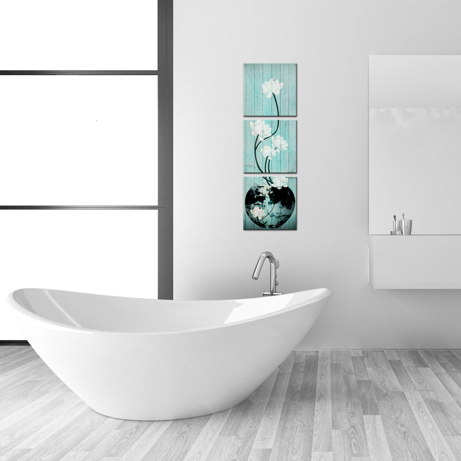 Nachic Wall - White Flower Picture Wall Art Zen Lotus Painting Prints Modern Bathroom Bedroom Spa Room Teal and White Decor