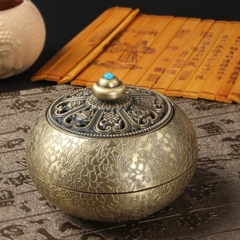 Incense Burner Holder Alloy Censer Burner with Hollow Cover Buddha Metal Incense Stick Holder Windproof Sandalwood Charcoal Stove Church Censer Ash Catcher for Home Office Tea House Yoga Studio Decor