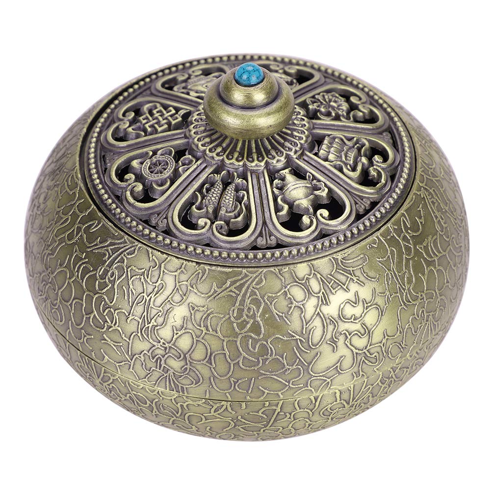 Incense Burner Holder Alloy Censer Burner with Hollow Cover Buddha Metal Incense Stick Holder Windproof Sandalwood Charcoal Stove Church Censer Ash Catcher for Home Office Tea House Yoga Studio Decor