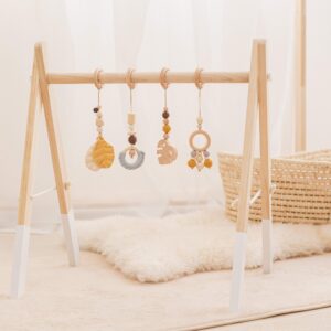 let's make organic wooden play gym with 4 hanging toys foldable baby play gym frame activity center hanging bar baby tummy time play gym ideal gift for newborn baby boys girls/yellow