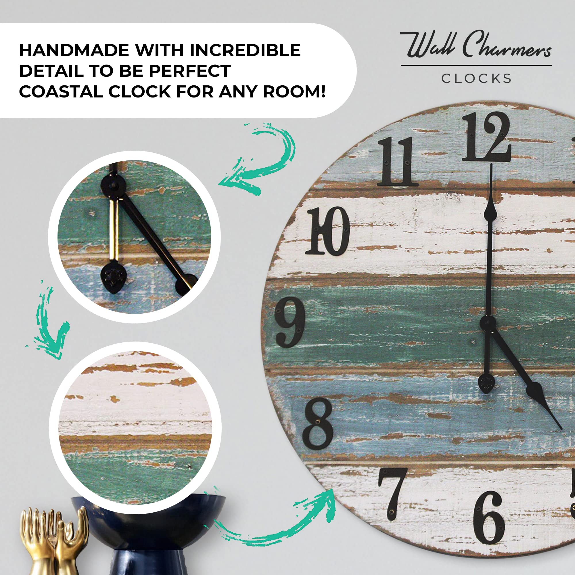 Wall Charmers Rustic Wall Clock, Real Wood with Metal Numbers Handmade Farmhouse Clock for Wall, Large Easy to Read Beach Wall Clock, 18 Inches, Size,