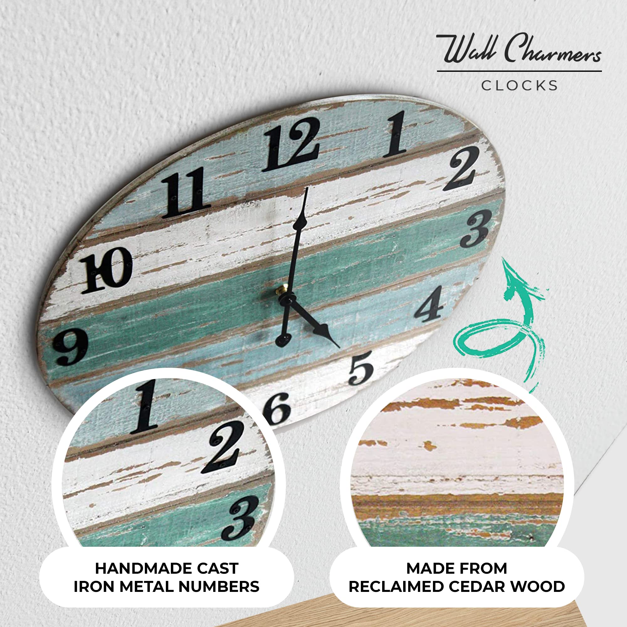 Wall Charmers Rustic Wall Clock, Real Wood with Metal Numbers Handmade Farmhouse Clock for Wall, Large Easy to Read Beach Wall Clock, 18 Inches, Size,