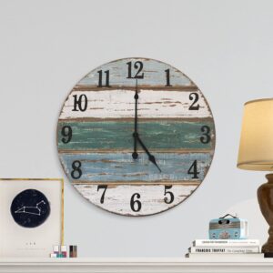 Wall Charmers Rustic Wall Clock, Real Wood with Metal Numbers Handmade Farmhouse Clock for Wall, Large Easy to Read Beach Wall Clock, 18 Inches, Size,