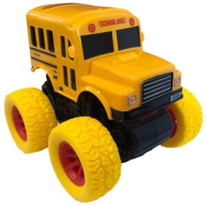 artcreativity yellow school bus toy with yellow monster truck tires, push n go toy car for kids, durable plastic material, best birthday gift for boys, girls, toddlers