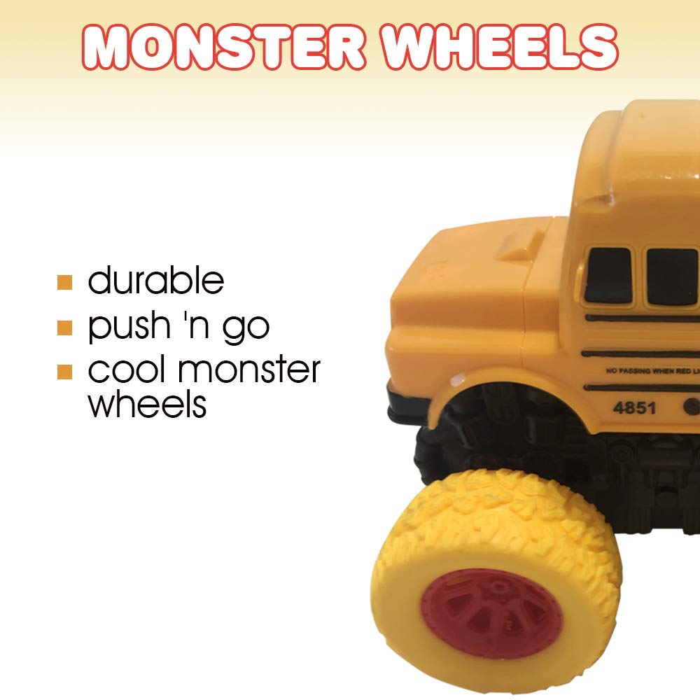 ArtCreativity Yellow School Bus Toy with Yellow Monster Truck Tires, Push n Go Toy Car for Kids, Durable Plastic Material, Best Birthday Gift for Boys, Girls, Toddlers