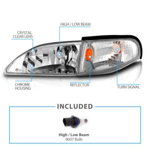 AmeriLite Chrome Replacement Headlights Corner Turn Signal Set For 94-98 Ford Mustang - Passenger and Driver Side