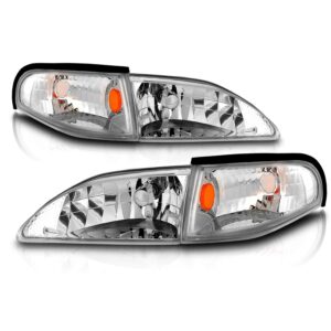 AmeriLite Chrome Replacement Headlights Corner Turn Signal Set For 94-98 Ford Mustang - Passenger and Driver Side