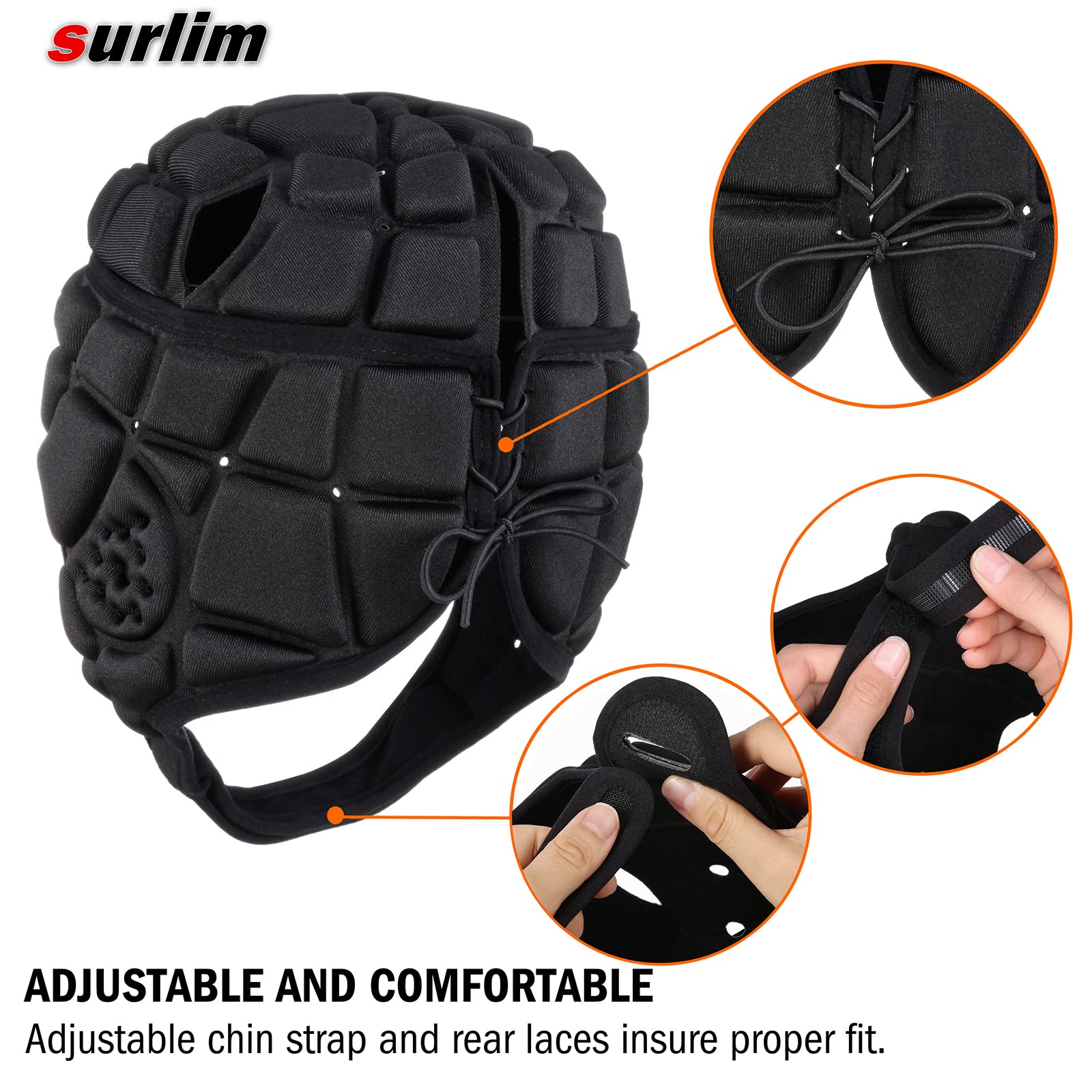 Surlim Rugby Helmet Headguard Headgear for Soccer Scrum Cap Soft Protective Helmet for Kids Youth Black Medium