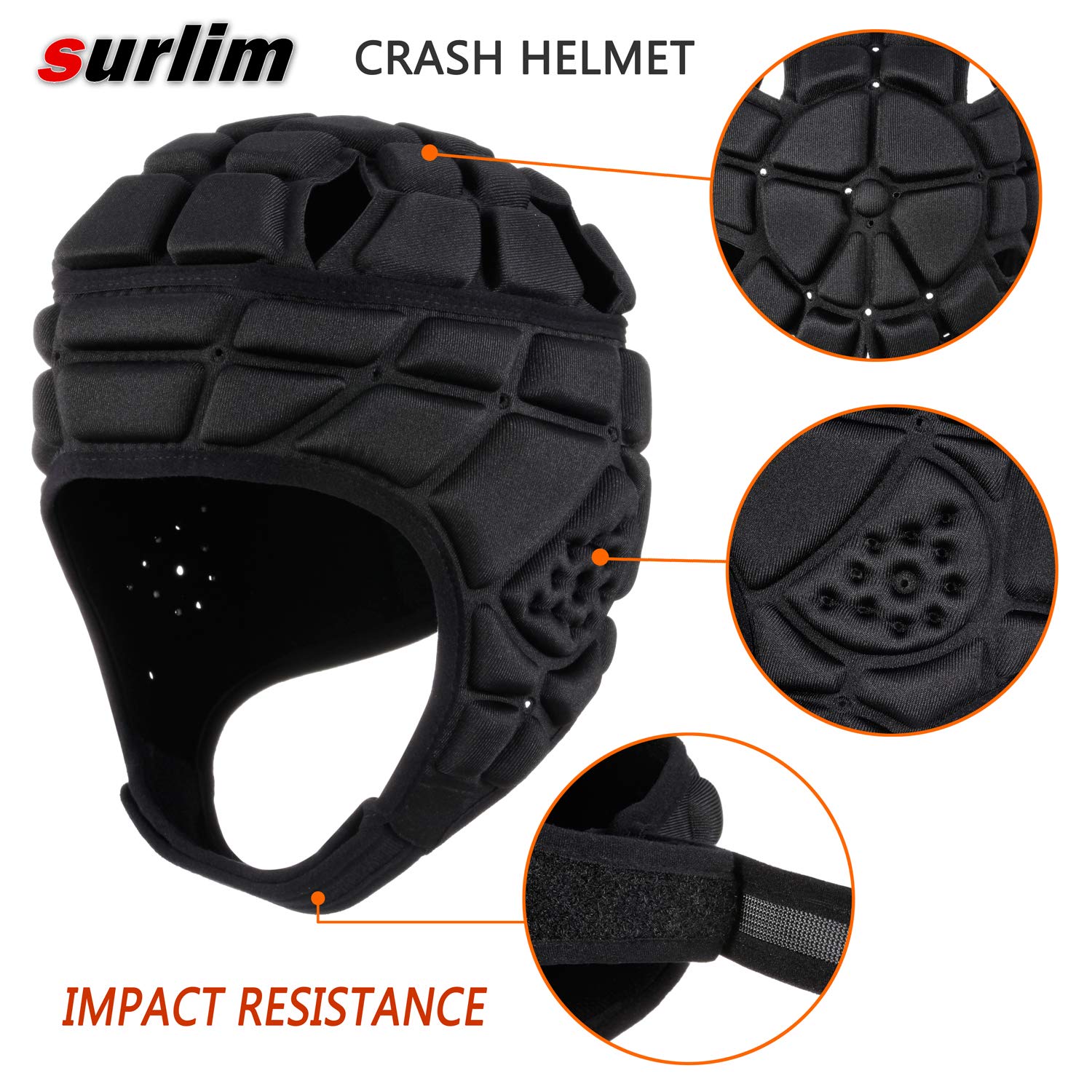 Surlim Rugby Helmet Headguard Headgear for Soccer Scrum Cap Soft Protective Helmet for Kids Youth Black Medium