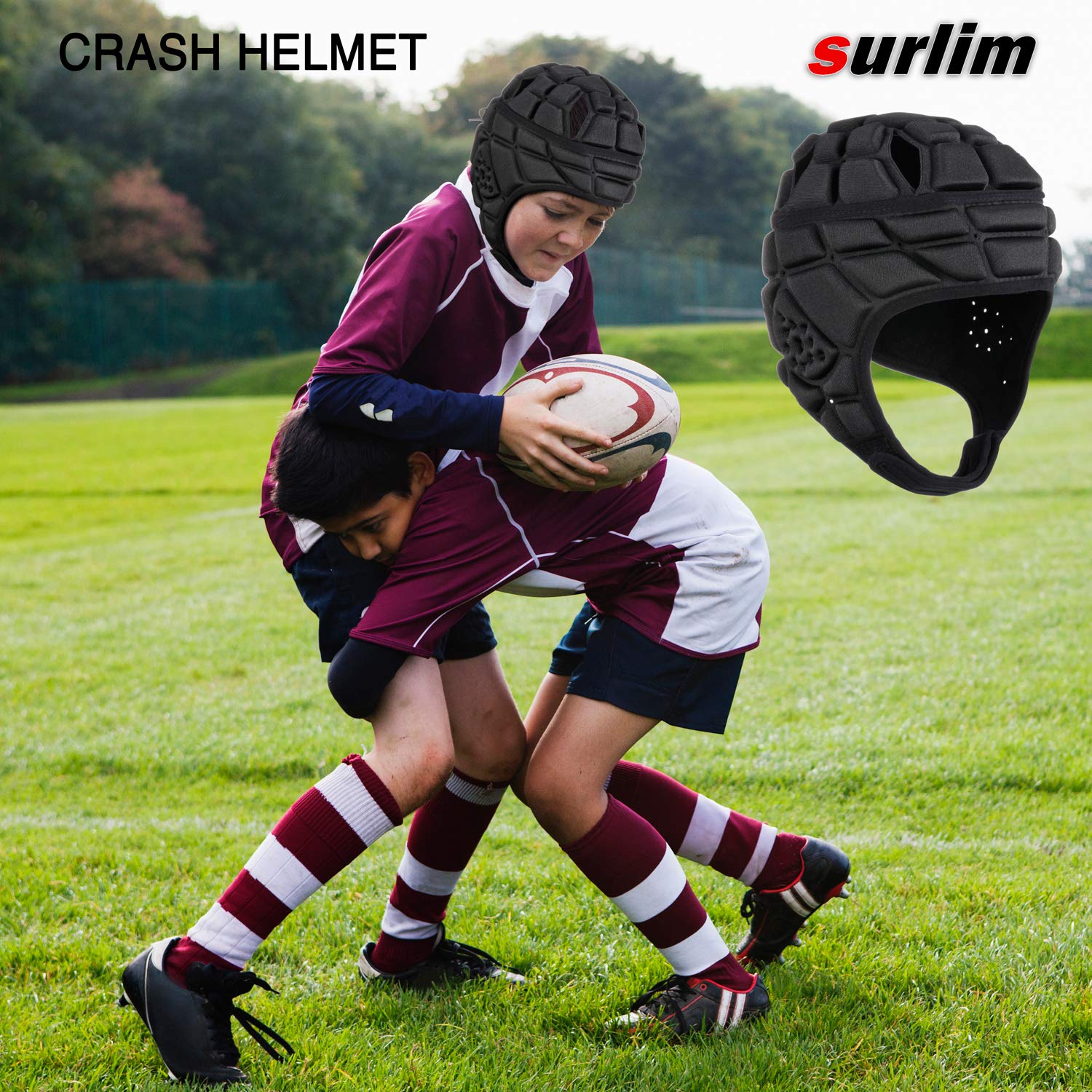 Surlim Rugby Helmet Headguard Headgear for Soccer Scrum Cap Soft Protective Helmet for Kids Youth Black Medium