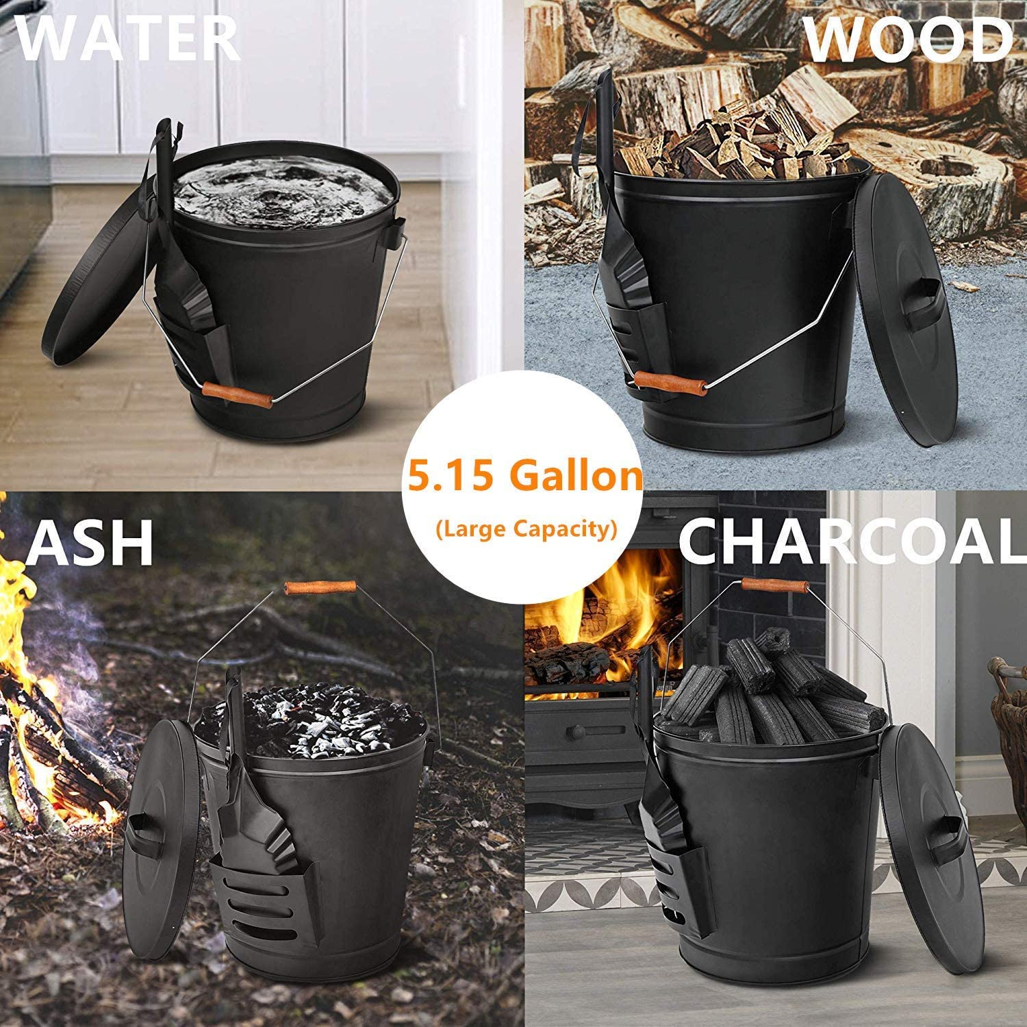 Nouva 5.15 Gallon Ash Bucket with Lid and Shovel, Galvanized Large Metal Hot Wood Ash Carrier Pail Fireplace Tools,Fire Pit,Wood Burning Stove Black, 19.5 L