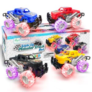 ArtCreativity Light Up Monster Trucks for Boys and Girls, 4-Pack Toy Truck Set, Monster Trucks for Boys 3 4 5 6 7 8 Years Old, Toddler Monster Truck Toys, Light Up Trucks