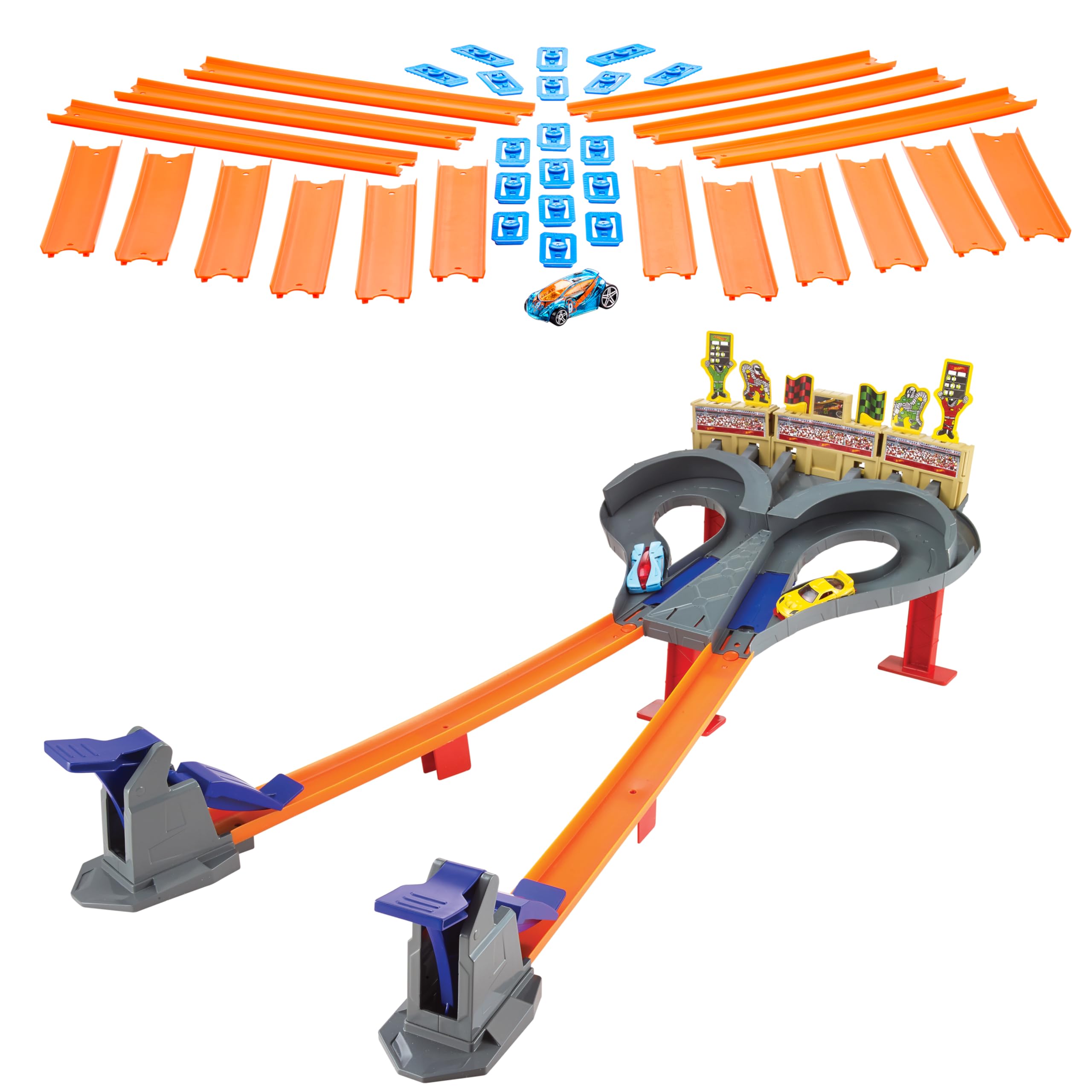 Hot Wheels Track & Toy Cars, Dual-Track Racing for 1 or 2 Players with Additional Track Pieces Plus 2 1:64 Scale Vehicles, Super Speed Blastway Set & Track Builder Straight Track Bundle