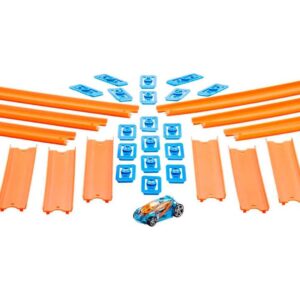 Hot Wheels Track & Toy Cars, Dual-Track Racing for 1 or 2 Players with Additional Track Pieces Plus 2 1:64 Scale Vehicles, Super Speed Blastway Set & Track Builder Straight Track Bundle