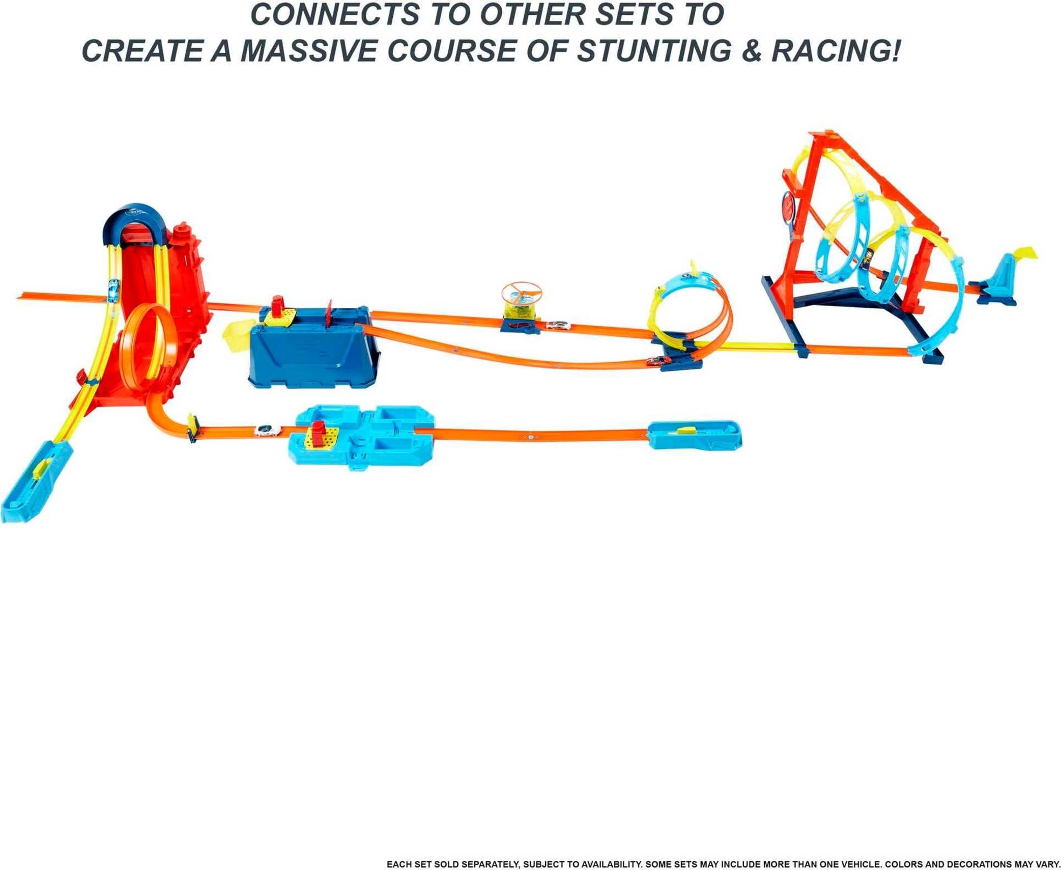 Hot Wheels Track & Toy Cars, Dual-Track Racing for 1 or 2 Players with Additional Track Pieces Plus 2 1:64 Scale Vehicles, Super Speed Blastway Set & Track Builder Straight Track Bundle