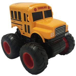 artcreativity yellow school bus toy with black monster truck tires, push n go toy car for kids, durable plastic material, best birthday gift for boys, girls, toddlers