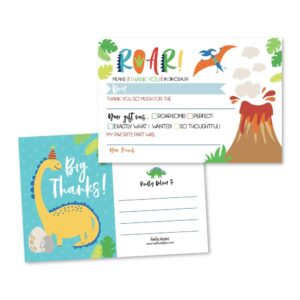 25 jurassic dinosaur fill in the blank kids thank you cards, roar dino themed trex or t-rex dig bday party notes, adult or children birthday, volcano fossil wild adventure supplies rawr supply ideas