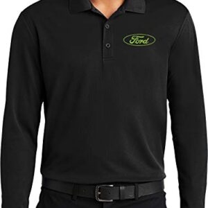 Green Ford Logo Pocket Print Long Sleeve Polo, Black 2XL