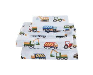 mk home 4 pc queen size sheet set teens/boys construction trucks tractors blue red yellow new