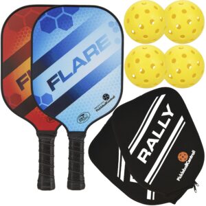 rally flare graphite pickleball paddle | polymer honeycomb core, graphite hybrid composite face | lightweight | paddle cover included (2-pack blue/red)