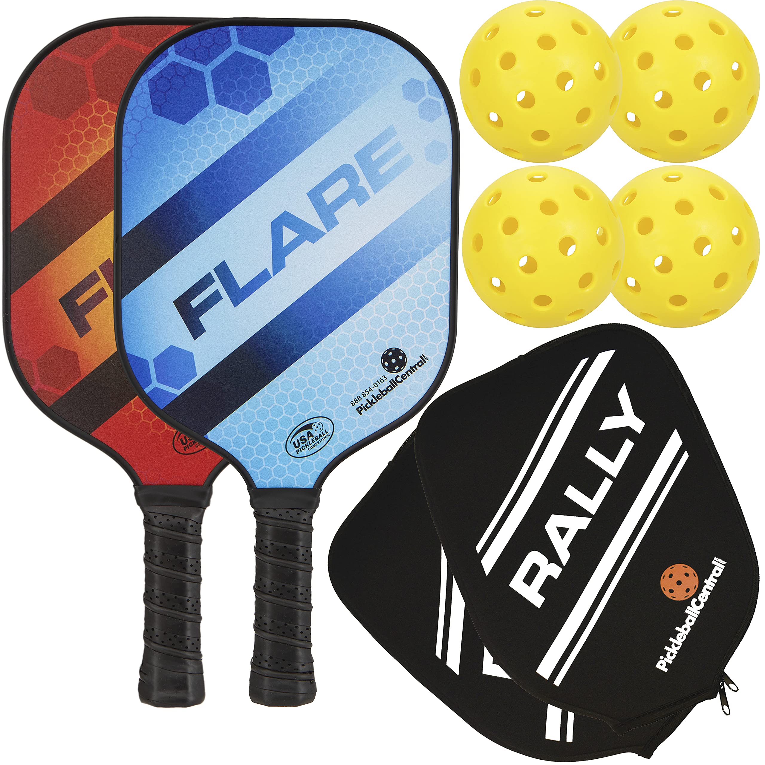 Rally Flare Graphite Pickleball Paddle | Polymer Honeycomb Core, Graphite Hybrid Composite Face | Lightweight | Paddle Cover Included (2-Pack Blue/Red)