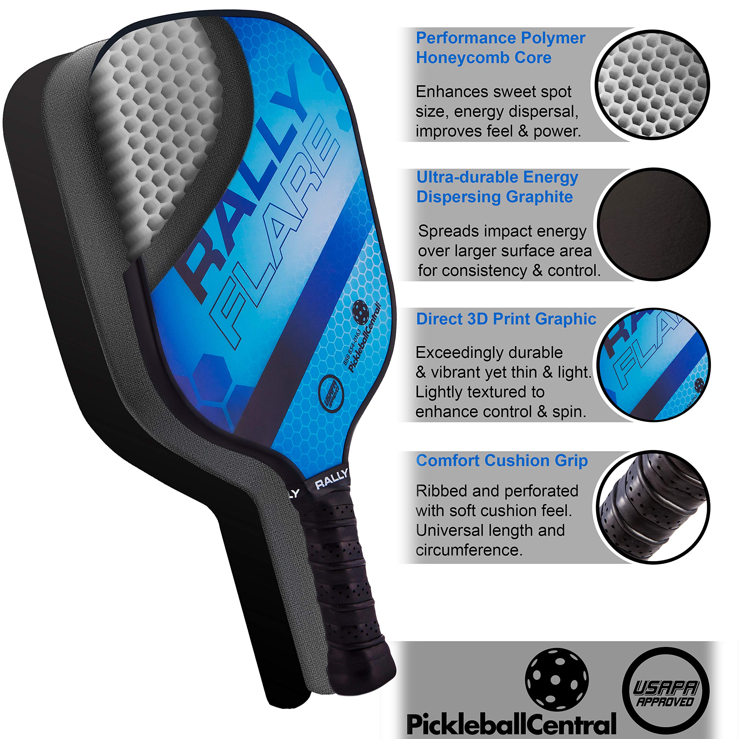 Rally Flare Graphite Pickleball Paddle | Polymer Honeycomb Core, Graphite Hybrid Composite Face | Lightweight | Paddle Cover Included (2-Pack Blue/Red)