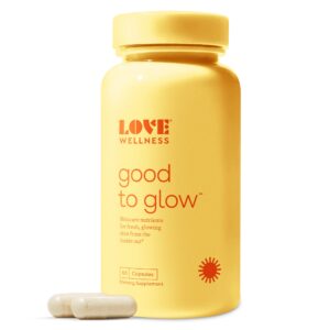 love wellness good to glow collagen supplement | skin care with biotin, vitamin c, e, & zinc | promotes smooth, glowing & clear skin | enhances smoothness, reduces wrinkles & fine lines | 60 capsules